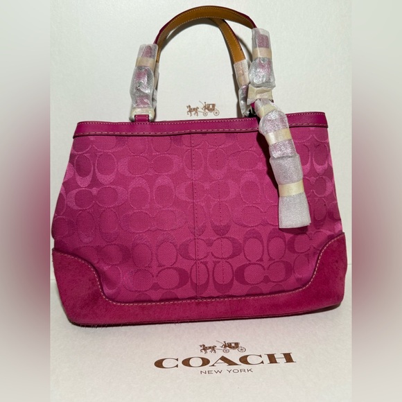 Coach | Bags | Coach Pink Signature Hamptons Suede Satchel Tassel Tote ...